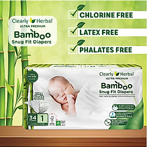 Clearly Herbal Bamboo Diapers, Micro Cushion Comfort & Other Plant-Based Materials, Size 1 34ct Case (4 Inner Bags)