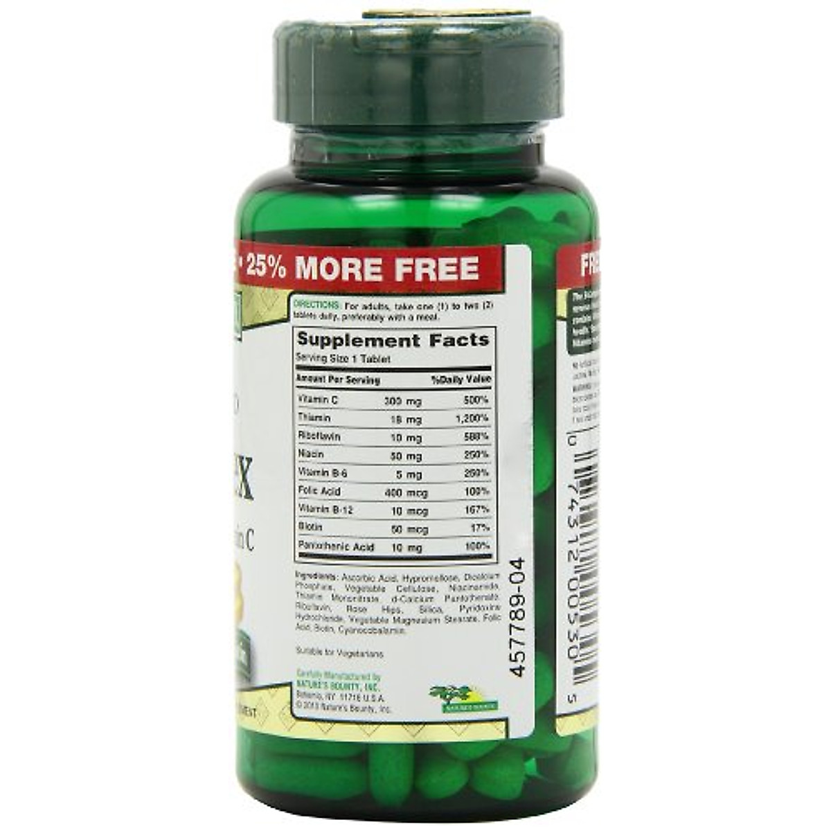 Vitamin B-Complex by Nature's Bounty, Time Released Vitamin Supplement w/ Folic Acid Plus Vitamin C, Supports Energy Metabolism and Nervous System Health, 125 Tablets (Pack of 3)