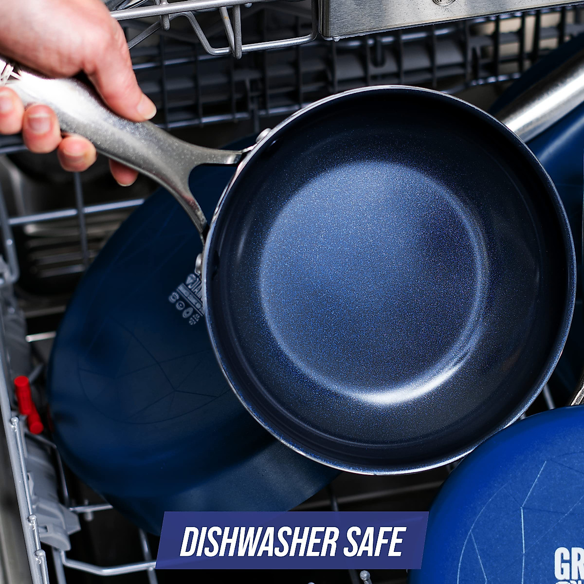 Blue Diamond Cookware Diamond Infused Ceramic Nonstick 12" Frying Pan Skillet with Lid, PFAS-Free, Dishwasher Safe, Oven Safe, Blue & Cookware Healthy Ceramic Nonstick Mini Egg Pan, Blue