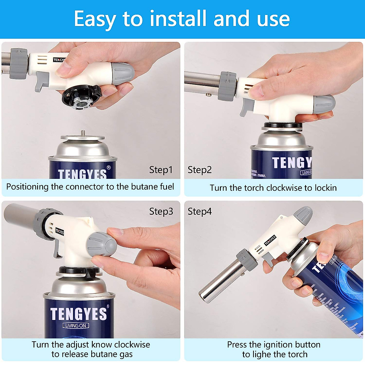 Blow Torch Kitchen Butane Lighter - Culinary Torch Chef Cooking Torch Professional Adjustable Flame with 360 Degree Inverted for Creme, Brulee, BBQ, Baking, Jewelry by TENGYES (Butane Not Included)