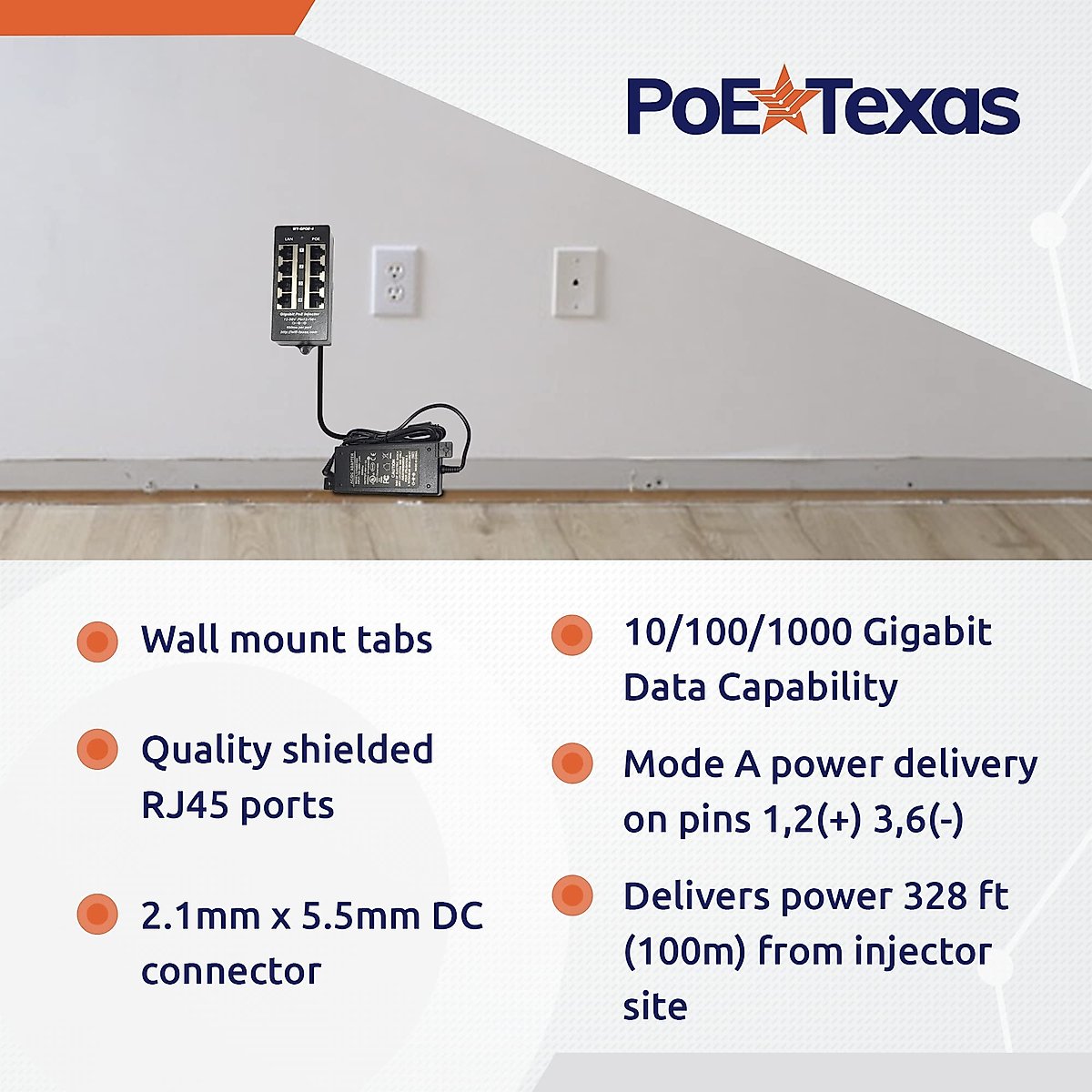 PoE Texas 4 Port PoE Injector - Gigabit Passive Power Over Ethernet with 48V 48W UL Power Supply - 802.3af PoE Injector for VoiP Phones, WiFi Access Points, IP Cameras - Add PoE to Any Switch
