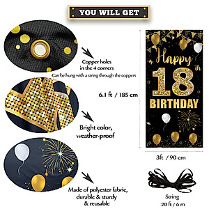 18th Birthday Door Banner Backdrop, Happy 18th Birthday Decorations for Girls Boys Black Gold, 18 Years Old Birthday Party Photo Props Yard Sign for Outdoor Indoor, Sturdy, Vicycaty
