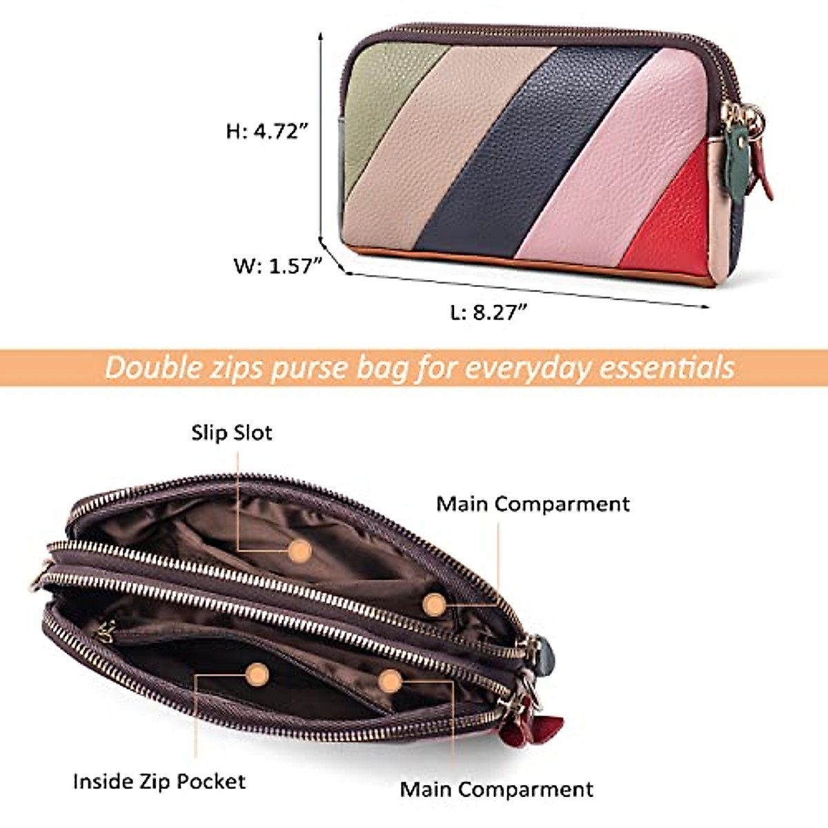 Small Crossbody Purse Colorful Cowhide Leather Shoulder Bags for Women 2 Zippers Clutch Handbag Mobile Phone Bag
