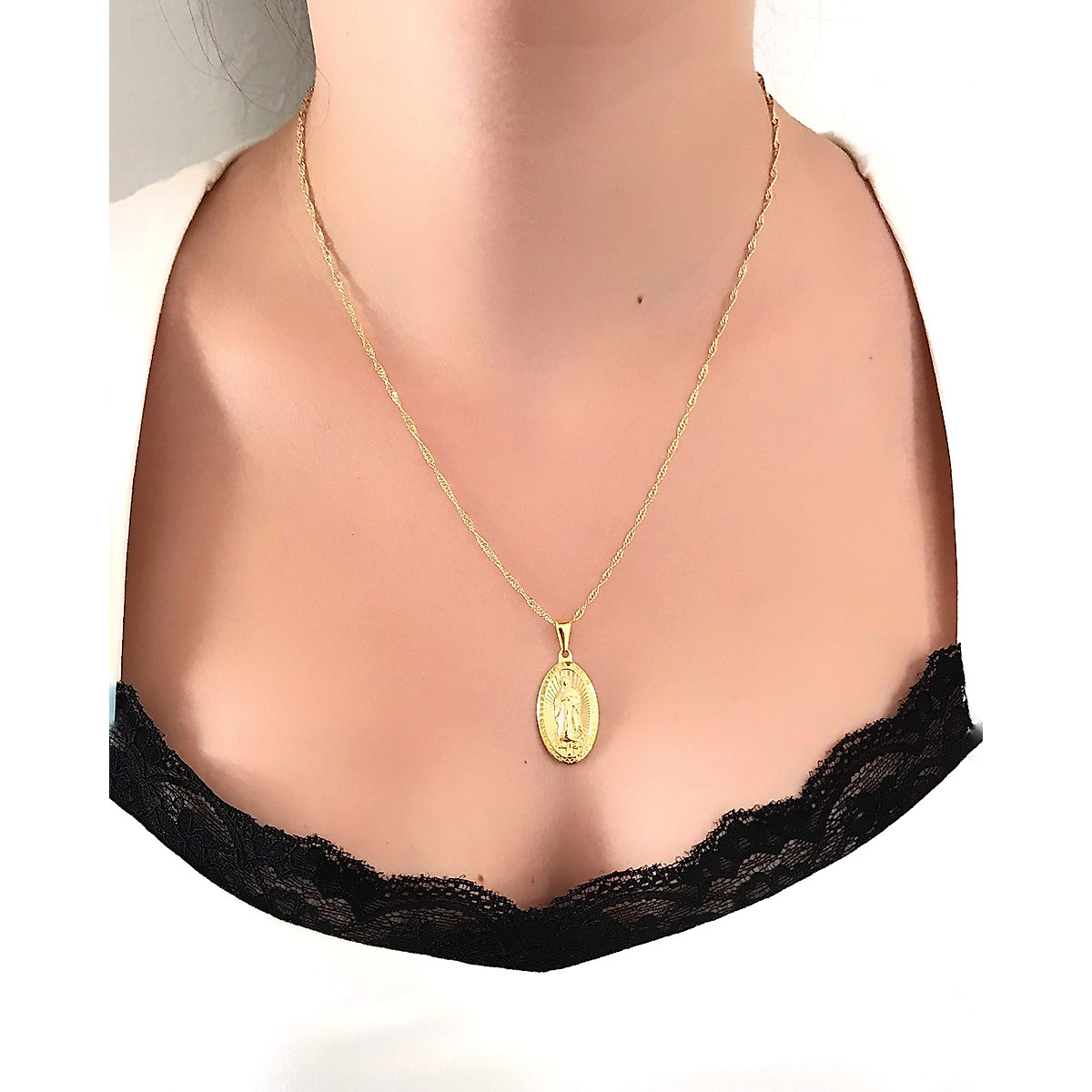 LESLIE BOULES 18K Gold Plated Guadalupe Medal Necklace 18 Inches Length Virgin Mary Jewelry