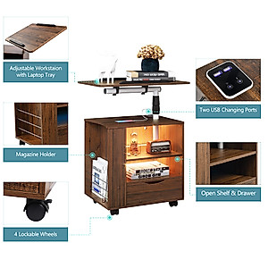 dnbss LED Nightstand with Charger Station, Swivel Top Bedside Table with Wheels, Smart Night Stand with Laptop Table Workstation for Bedroom, Modern End Side Table (Brown)