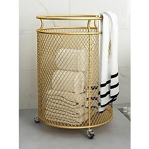 ZYHYZLF Metal Laundry Hamper with Wheels, Laundry Basket, Round Mesh Dirty Clothes Hamper, Laundry Basket Storage for Bathroom Laundry Room Living Room Bedroom or Balcony(Gold)