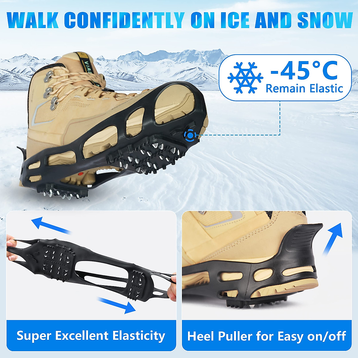 Ice Snow Cleats for Shoes Boots Walk Traction Cleats Crampons Anti Slip 24 Studs Ice Cleat Slip-on Stretch Footwear Grippers for Women Men Kids Walking on Snow Ice