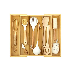 StorageWorks Bamboo Drawer Cutlery Organizer, Expandable Cutlery Organizer, Silverware Holder for Silverware, Flatware, Stationery, Tools, Natural Wood Color