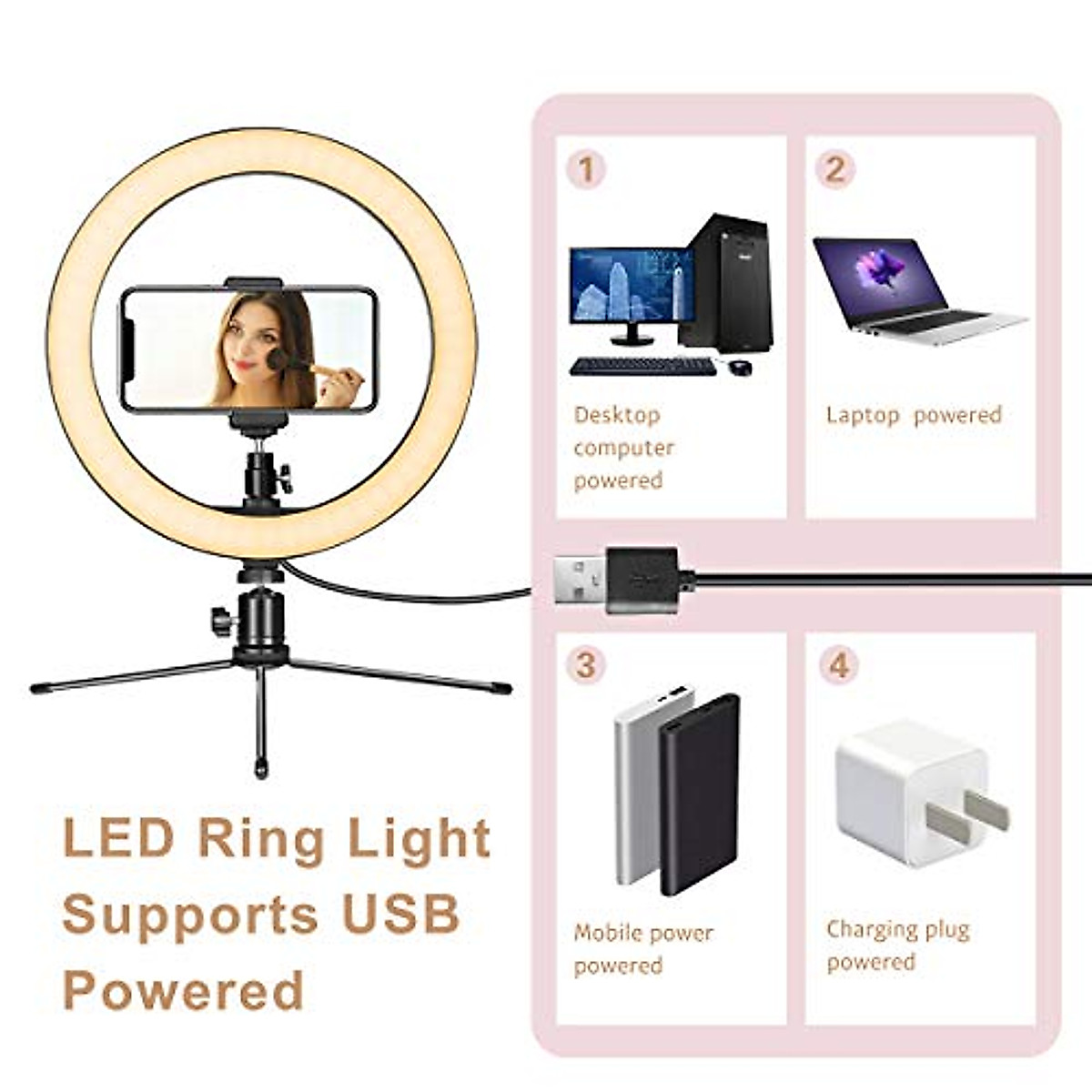 LED Ring Light 10" with Tripod Stand & Phone Holder for Live Streaming & YouTube Video, Dimmable Desk Makeup Ring Light for Photography, Shooting with 3 Light Modes & 10 Brightness Level
