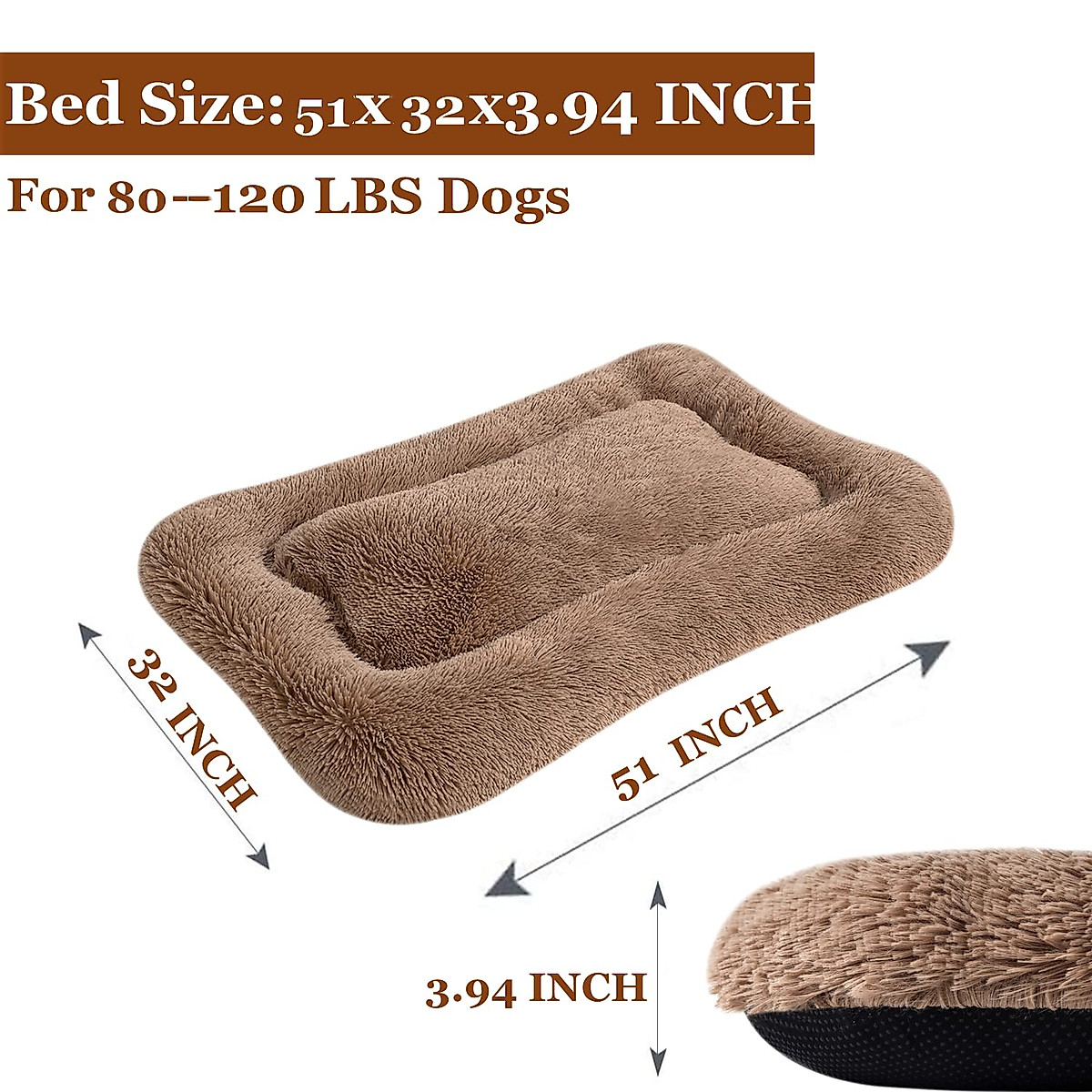 Coohom Deluxe Plush Dog Bed Pet Cushion Crate Mat,Fulffy Comfy Kennel Anti-Slip Washable Pad for Medium Large X-Large Dogs(XX-Large, Khaki)