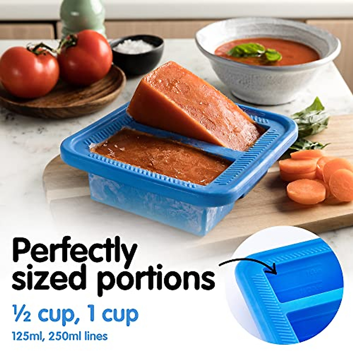 PORTION CUBES Soup Cubes Freezer Tray with Lid, 1-Cup Portions, Pack of 4 Containers