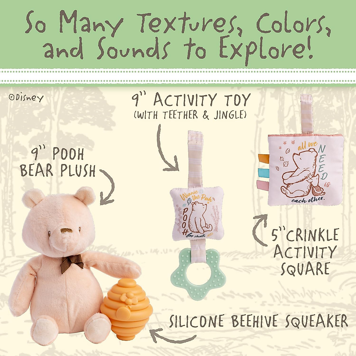 KIDS PREFERRED Classic Pooh 4 Piece Set with Pooh Stuffed Animal, Squeaker Toy, Crinkle Square, and Teether