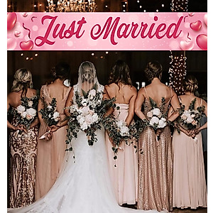 Just Married Large Banner, Wedding, Bridal Shower Porch Sign Lawn Sign, Rustic Wedding Reception Decorations, Indoor Outdoor Backdrop 8.9 x 1.6 Feet