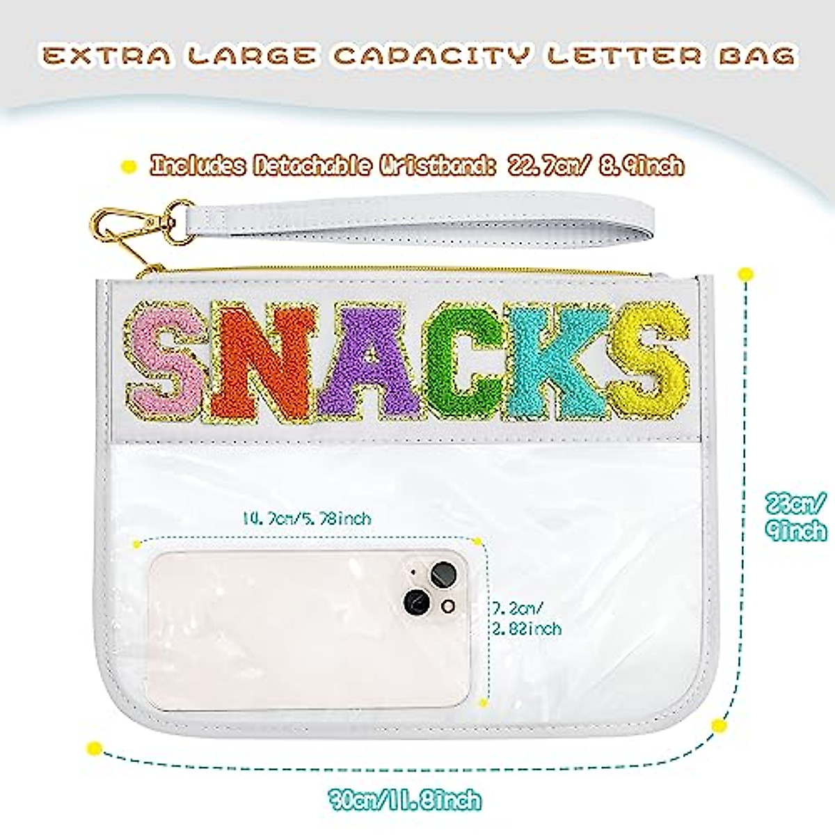 LSxia Chenille Letter Clear Travel Zipper Pouch Nylon Makeup Bag, Preppy Makeup Bag Clear Cosmetic Toiletry Bag, Water-proof Makeup Travel Pouch Snack Bags for Women Girls (White-Snacks)