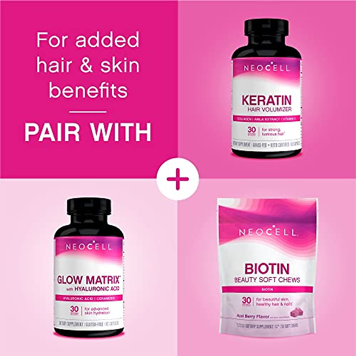 NeoCell Collagen Peptides Vitamin C & Hyaluronic Acid, Gluten Free, Supports Hair, Skin, & Nail Health, Collagen Type 1 and 3, Beauty Bursts, Fruit Punch, 60 Soft Chews