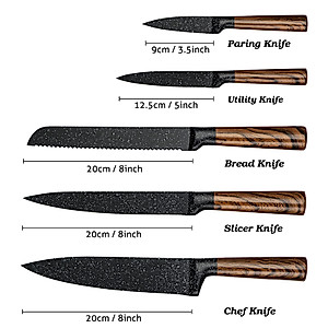 Knife Set, 6Pcs Kitchen Knife Set with Block, Professional Chef Knife Sets with Carving Paring Bread Knife High Carbon Stainless Steel Knife Set with Japanese Designed Wood Grain Pattern Handle