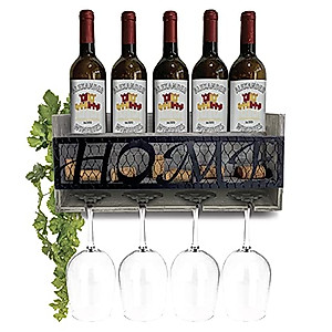 CoTa Global Modern Grey Wall Mounted Wine Rack - Wooden Wine Bottle Holder for 5 Bottles & 4 Wine Glasses with Cork Storage, Hanging Metal Home Sign & Organizer Wood Shelf for Wine Bar & Home Décor