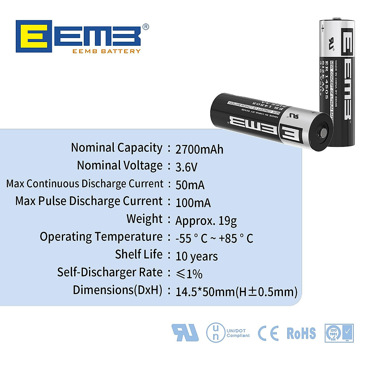 EEMB 4Pack ER14505 AA 3.6V Lithium Battery Li-SOCL₂ Non-Rechargeable Battery SB-AA11 LS14500 TL-5903 SL-360 S7-400 ER14500 for Sensor Water Electricity Meter Gas PLC Facility Equipment Spare Battery