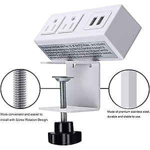 Desktop Edge Power Strip, Removable Clamp Power Outlet Socket with USB Port, 6.5 ft Extension Cord Connect 2 Plugs for Home Office Reading (White)