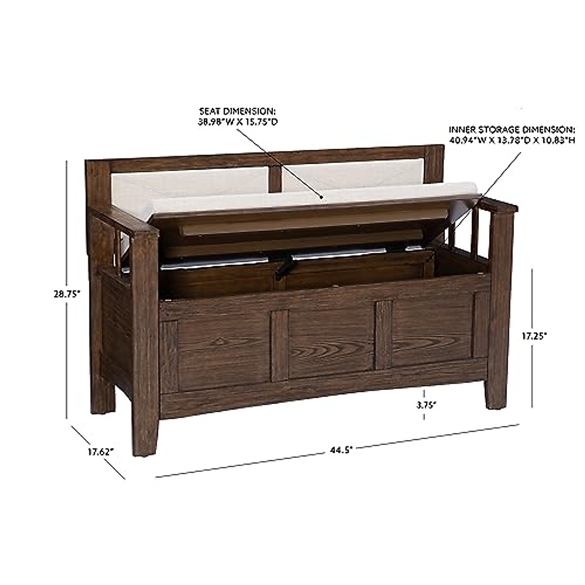 Linon Umber Brown Carlton Rustic Storage Bench with Beige Upholstered Back and Cushioned Seat
