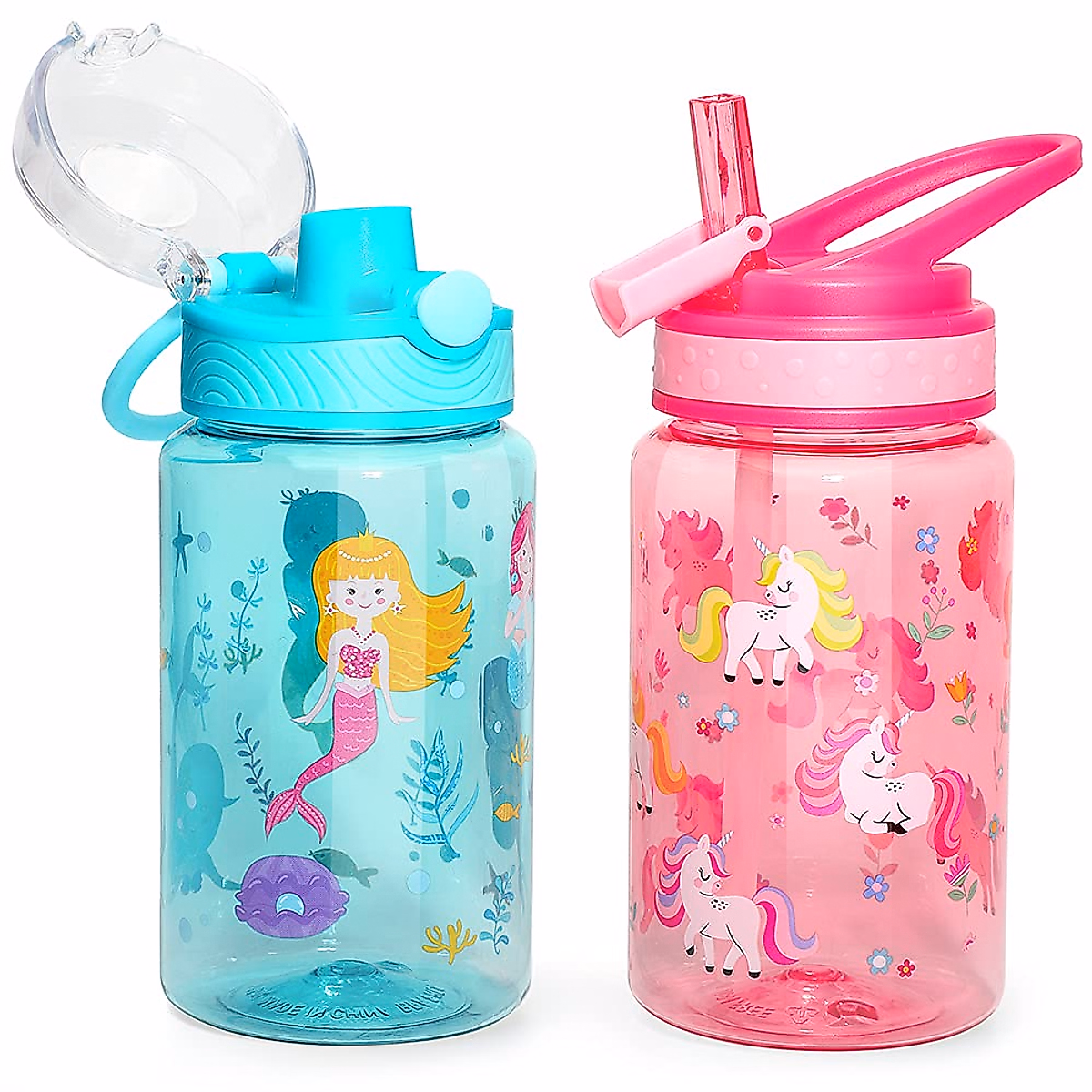 Home Tune 16oz Kids Water Drinking Bottle 2 Pack - Tritan BPA Free, Auto Flip Chug Lid, Sip Straw Lid, Carry Loop, Lightweight, Leak-Proof, Cute Design For Girls & Boys - Mermaid & Unicorn