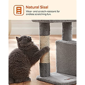 Feandrea Cat Tree, Small Cat Tower with Padded Perch, Cat Cave, 3 Pompoms, Cat Activity Center, Light Gray UPCT121W01