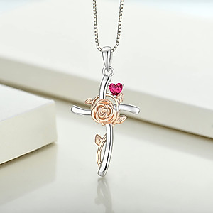 YL Cross Necklace 925 Sterling Silver Flower Rose Crucifix Pendant Created Ruby Criss Jewelry for Women