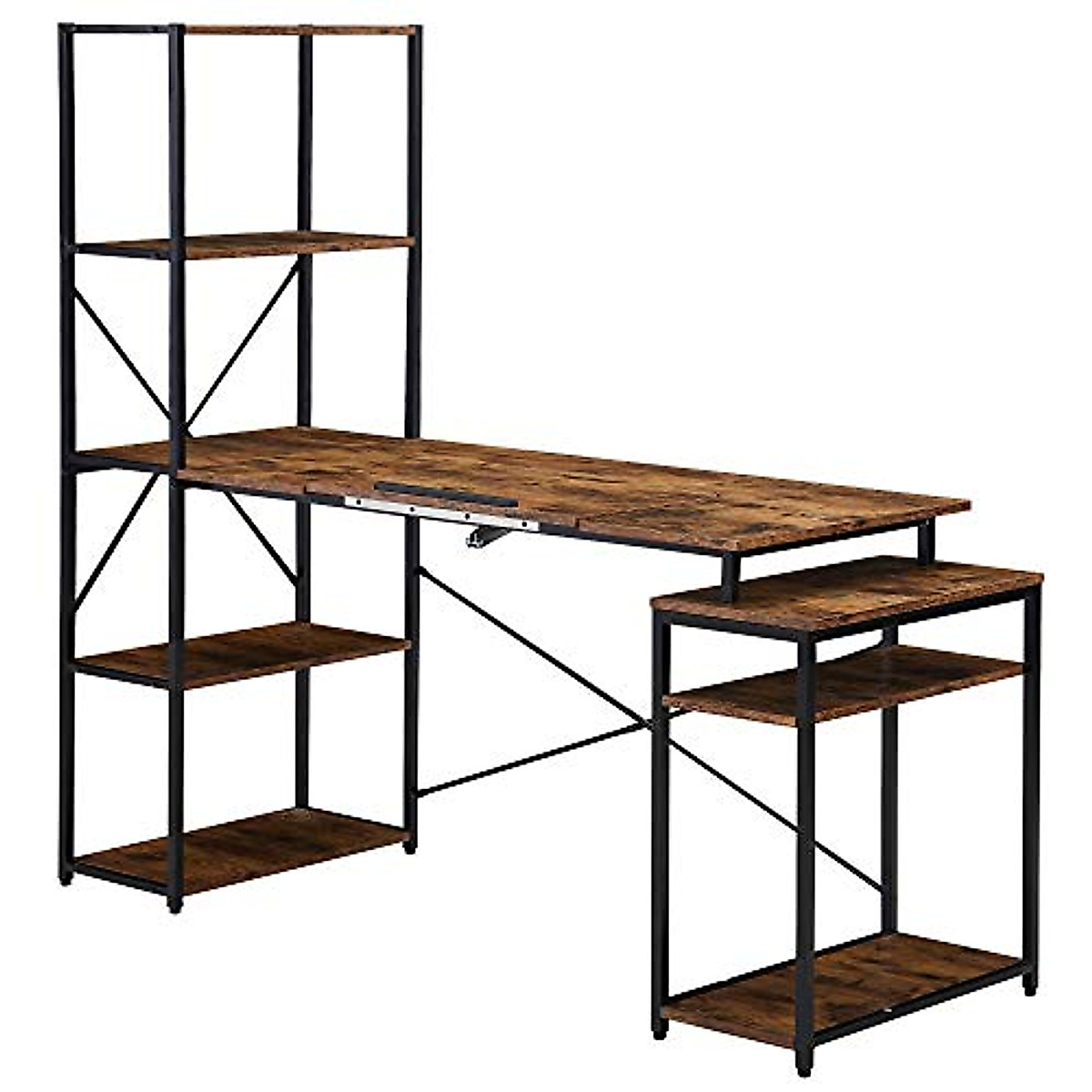 Merax, Brown Computer Desk, 65" Study Writing Home Office, Drafting Drawing Table with 5-Tier Bookshelf, 2 Open Storage Shelf and Tiltable Desktop