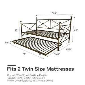 DHP Lina Metal Daybed with Trundle, Twin Size Sofa Bed Frame, Gold
