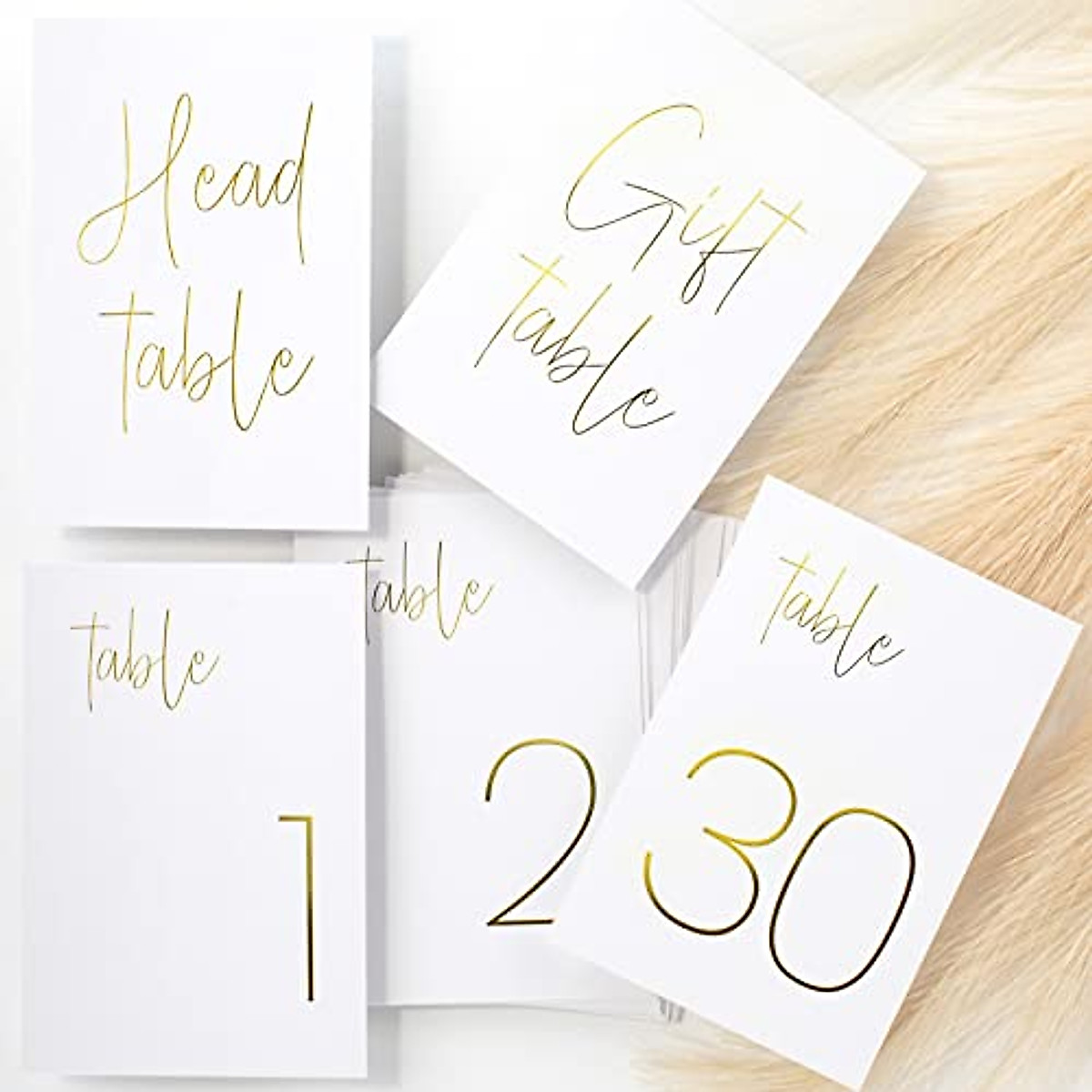 Gorgeous Gold Wedding Table Numbers - Modern Double Sided Lettering with Head Table Card - 4 x 6 inches and Numbered 1-30 - Perfect for Weddings and Events