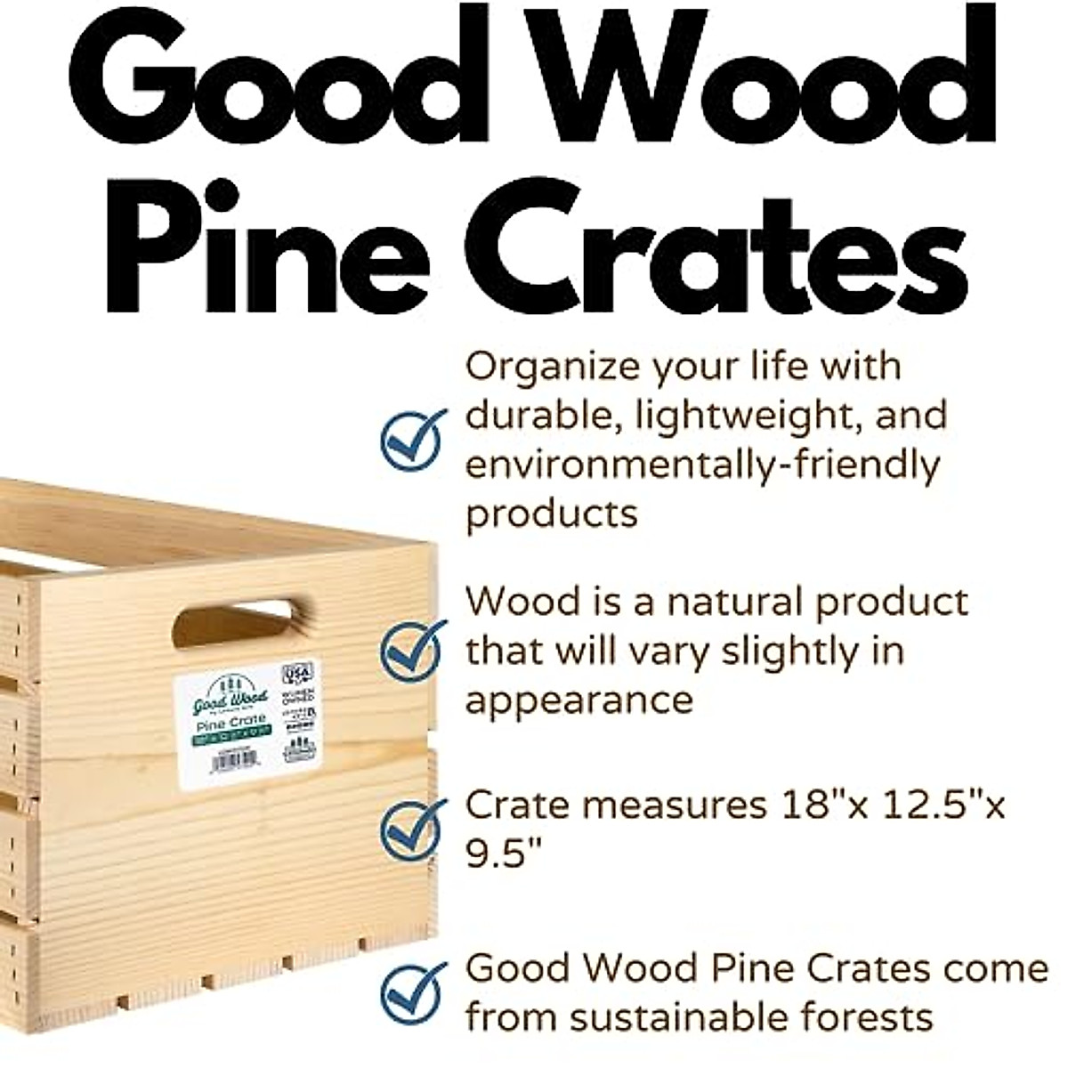 Good Wood by Leisure Arts Wooden Crate, Wood Crate Unfinished, Crates for Display, Crates for Storage, Wooden Unfinished, 18" X 12.5" X 9.5"