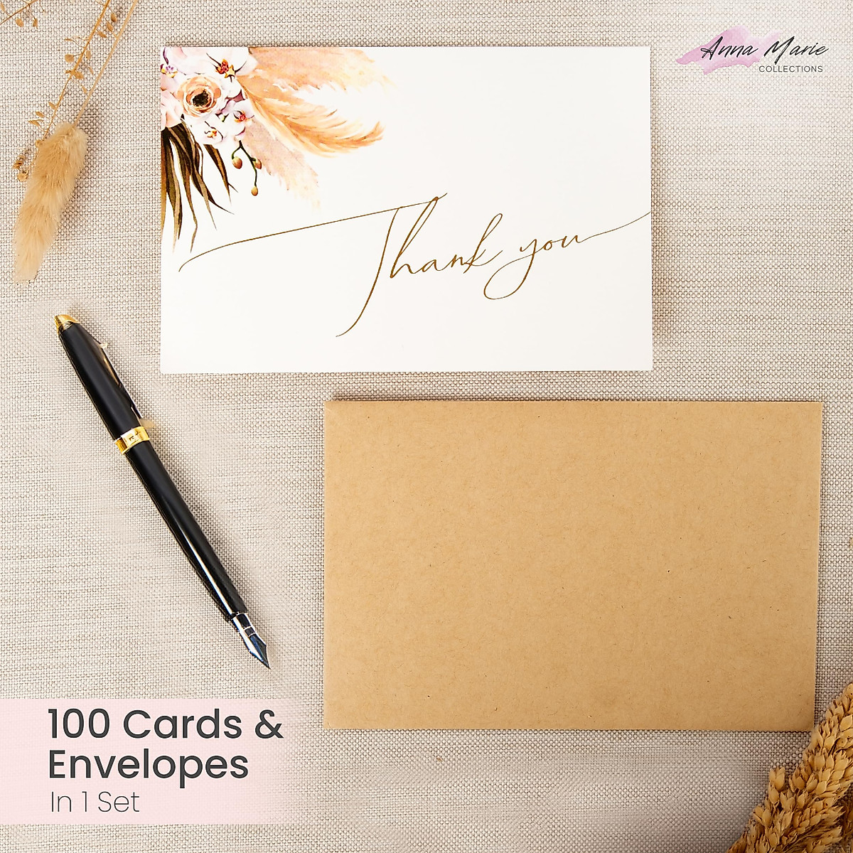 Anna Marie Collections 100 Pack Thank You Cards with Envelopes, Bulk, Boho Floral Design – Bridal Shower, Wedding, Small Business, Baby, Birthday, Graduation – All Occasions, Blank, 4x6