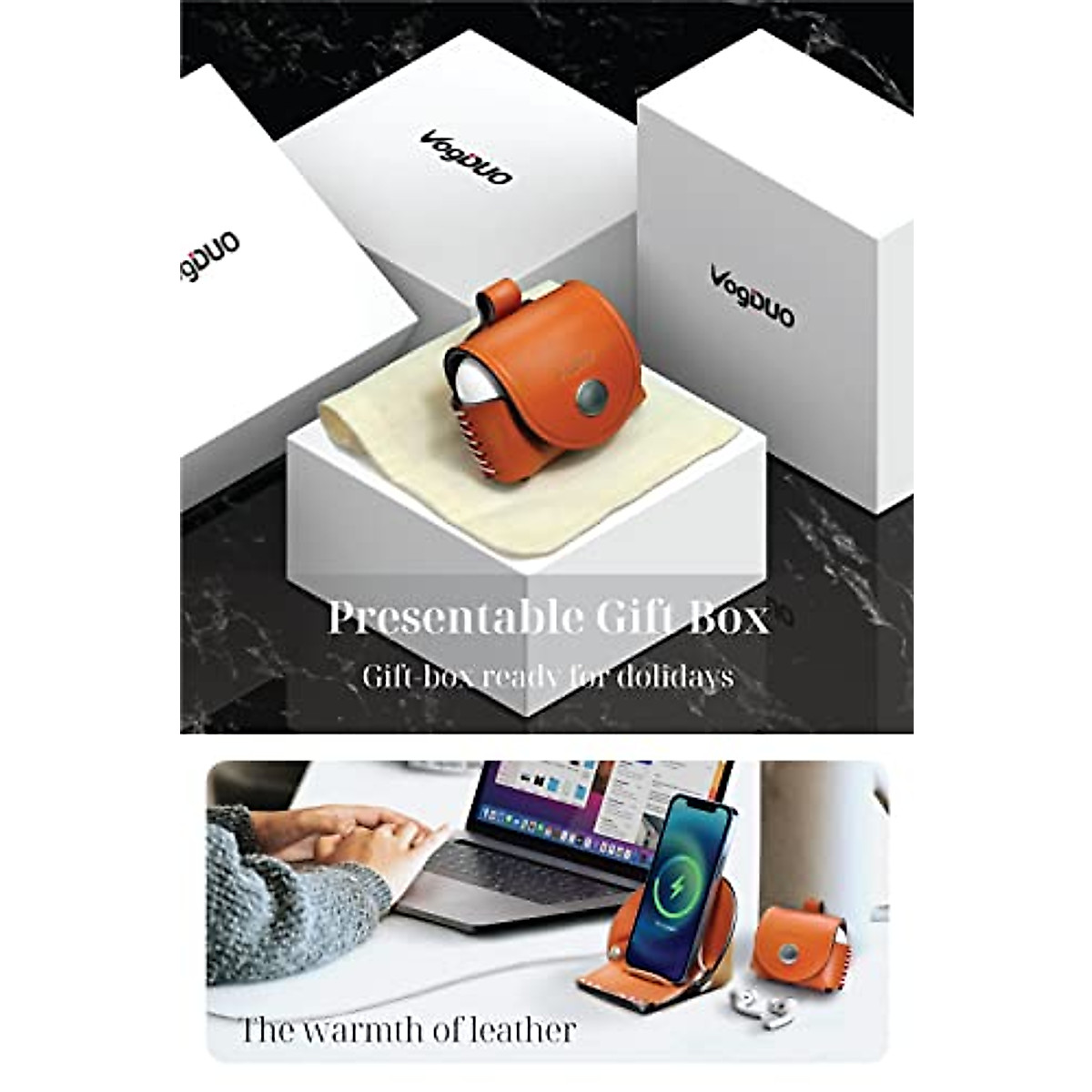 VogDUO Genuine Leather AirPods Pro Cover - Handcrafted Protective Case Anti-Lost Belt Loop with S Hook for Backpack, Compatible with Apple AirPod Pro/2 (Tan, Brown)