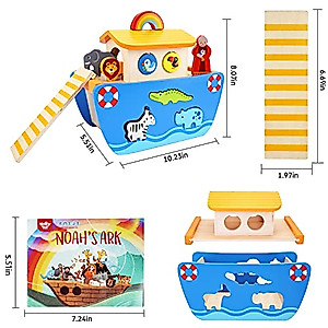 KMTJT Toddlers Wooden Noah's Ark Toy Animal Playset, Baptism Gifts for 1 2 3 Boys Girls, Shape Sorter Early Learning Montessori Toys with Bible Story Book for 12 18 24 Months Babies