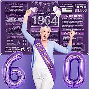 Crenics Purple 60th Birthday Decorations for Women 1964 - Back in 1964 Birthday Backdrop Banner, 60th Birthday Sash and Tiara, Tablecloth and Cake Topper for 60 Years Old Birthday Party Supplies