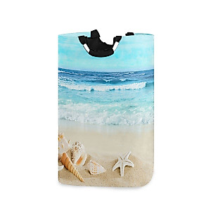 Exnundod Large Storage Basket Beach Theme Laundry Baskets Washing Hamper, Sandy Shell Starfish Collapsible Dirty Clothes Organizer Bag with Handle Oxford Waterproof Bag 22.7 Inch