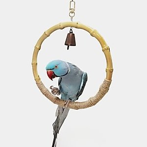 Hanging Bird Cage Swing Toy Natural Bamboo Parrot Perch Swing Hanging Bird Perch with Stand Small Wood Bird Toys Cockatiel Cage Accessory for Finch Budgie Conure (Large)