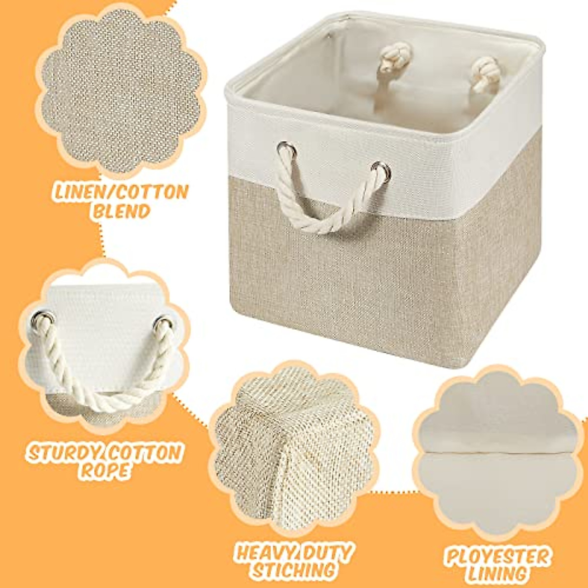 6 Pieces Cube Storage Bins Small Foldable Storage Cube Baskets with Sturdy Carry Handles Multipurpose Storage Cube Baskets Organizer Bin for Home, Office, Nursery (White, Light Brown,11 x 11 Inch)