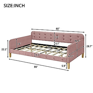 OUYESSIR Twin Size Upholstered Daybed, Comfy Wooden Velvet Fabric Day Bed Frame with Tufted Button for Kids Adults Boys Girls, Pink
