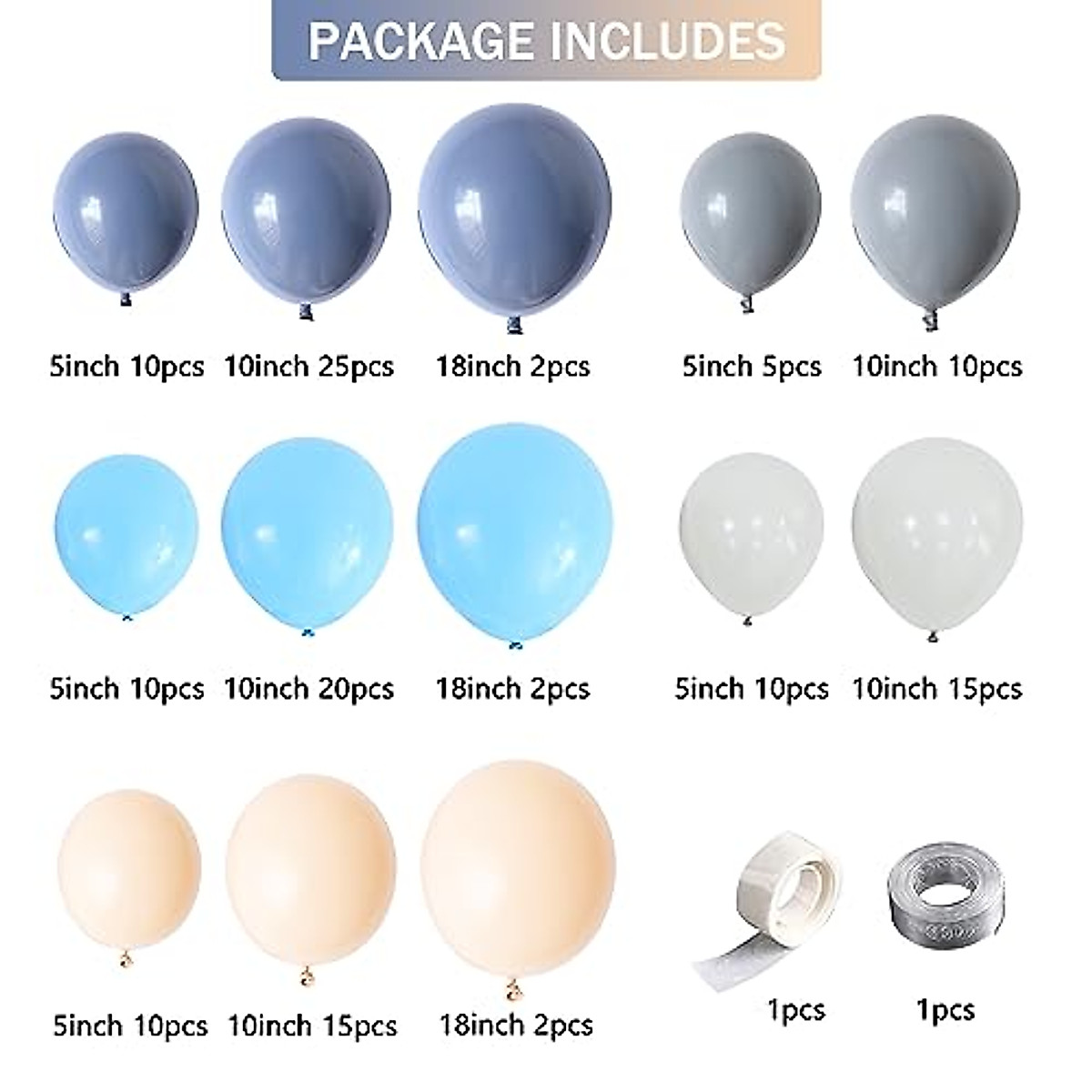 Double Stuffed Dusty Blue Blush Balloon Garland Balloons with 138PCS White Sand Grey Latex Balloons Neutral Balloon Arch Kit For Baby Shower Boho Birthday Gender Reveal Party Decorations (Blue)