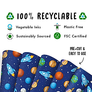 Wrapping Paper for Boys - Kids - Blue - Games (PLANETS IN SPACE)