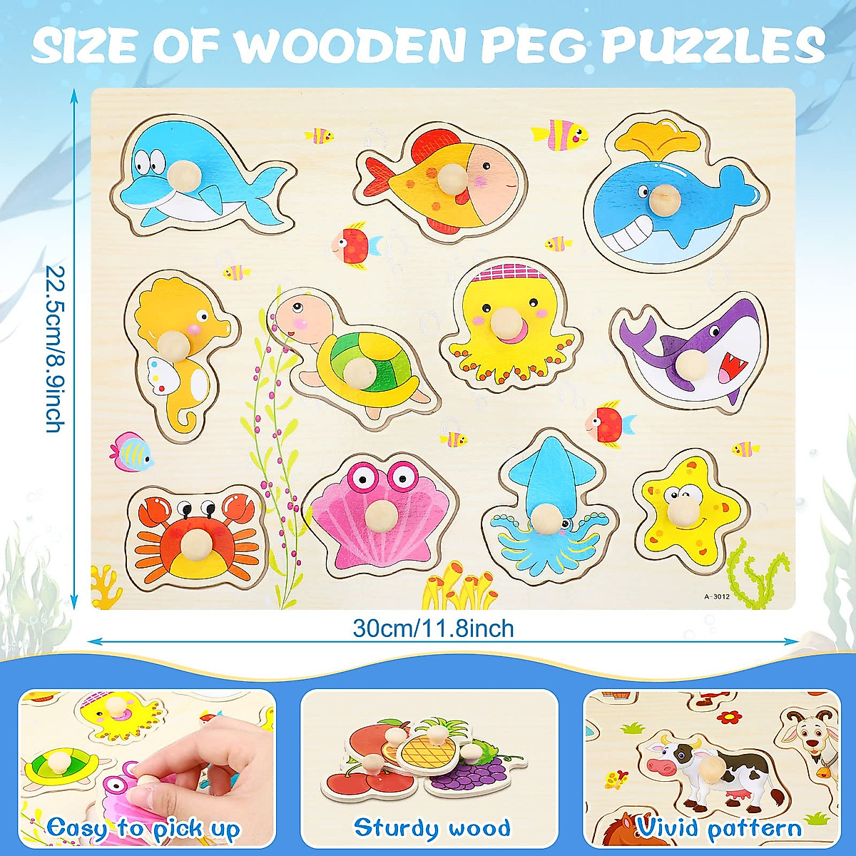 8 Set Wooden Peg Puzzles for Toddlers 2-4 Years Alphabet Number Animal Vehicles Puzzles Board for Kids Educational Learning Puzzles Toys for Children Babies Boys Girls (Lovely)