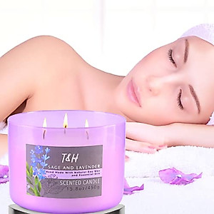 Sage Lavender Scented Candle 3 Wick | Aromatherapy Relaxing & Energy Cleansing Candle with Cedarwood, Clove & Eucalyptus 15.8 oz | Sage Candles for Cleansing House | Large Natural Soy Candles for Home