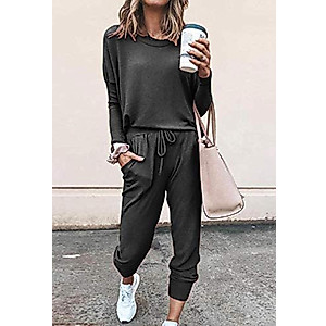 Fixmatti Women Two Piece Outfits Long Sleeve Sweatsuit High Waisted Sweatpants Set M