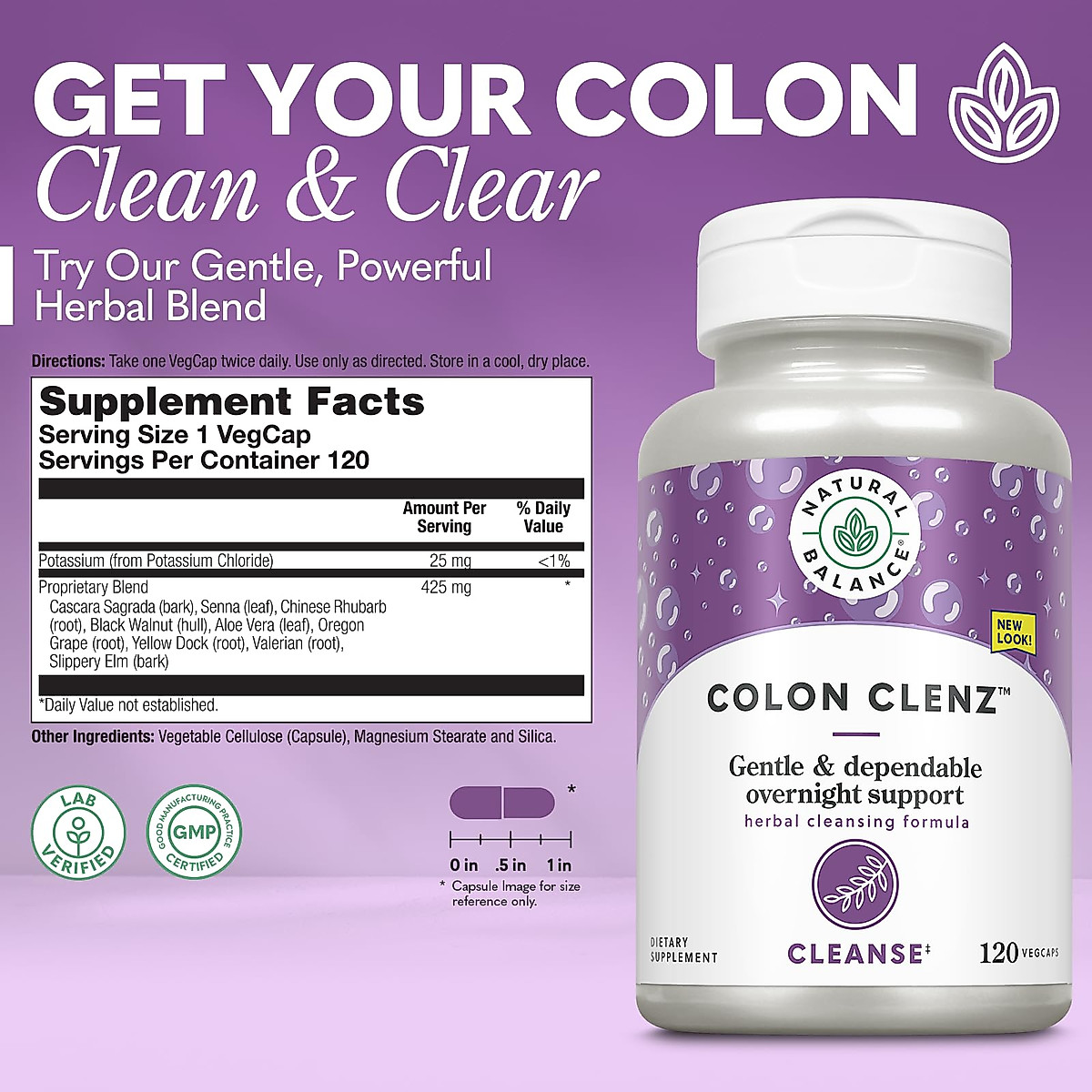 Natural Balance Colon Clenz | Herbal Colon Cleanse, Detox Cleanse, and Digestive Health Supplement - Gentle and Dependable Overnight Formula - 60-Day Guarantee (120 Servings, 120 VegCaps)