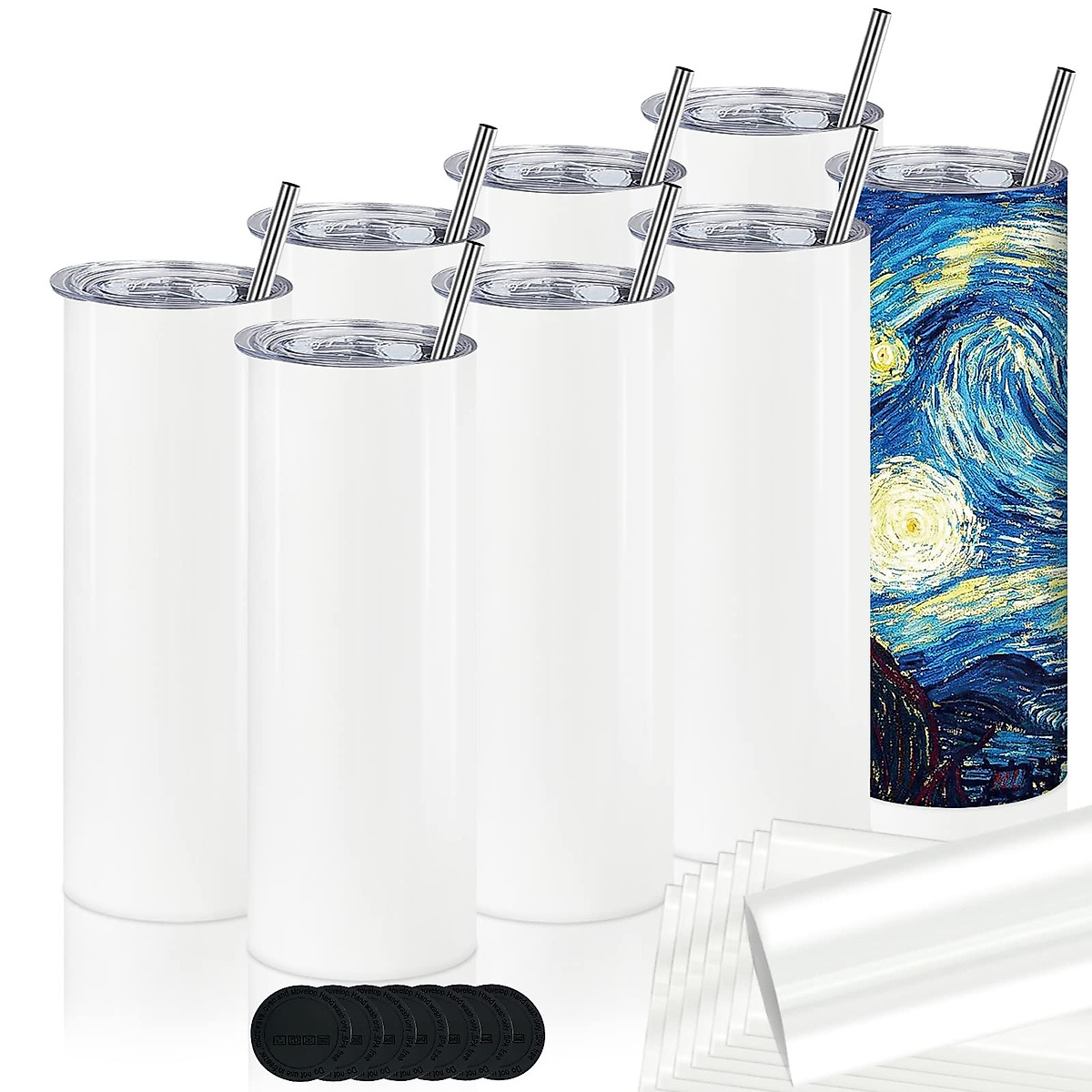 XccMe 8 Pack Sublimation Tumblers bulk,20 oz Straight Stainless Steel Tumbler,Double Wall Insulated Sublimation Blanks with Lid,Straw,Individually Boxed,Polymer Coating for Mug Press Machine