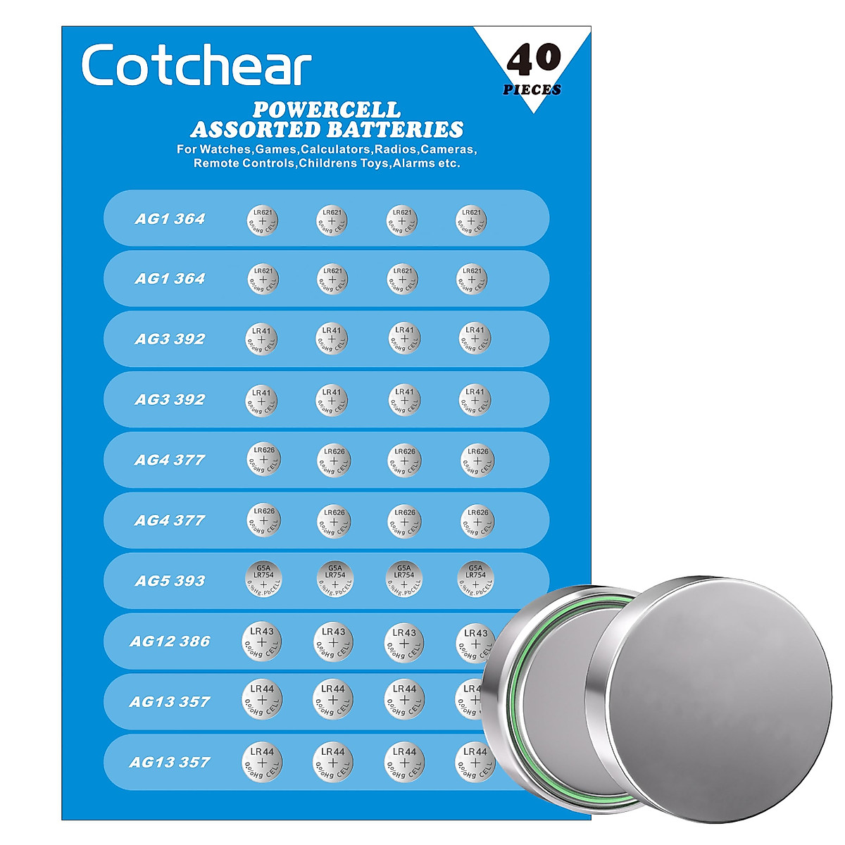 Cotchear 40pcs Alkaline Cell Batteries Assorted 1.5 Volt AG1/LR621 AG3/LR41 AG4/LR626 AG5/LR754 AG12/LR43 AG13/LR44 Coin Batteries Set 0% Mercury
