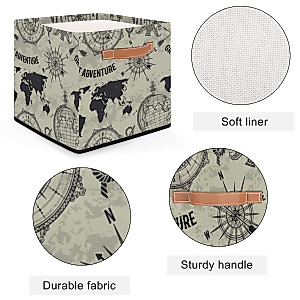 Foldable Storage Bins 13x13 Storage Cubes Old Adventure Map Fabric Storage Baskets for Shelves Drawer with Handles Organizer for Shelves Toy Nursery Closet Bedroom