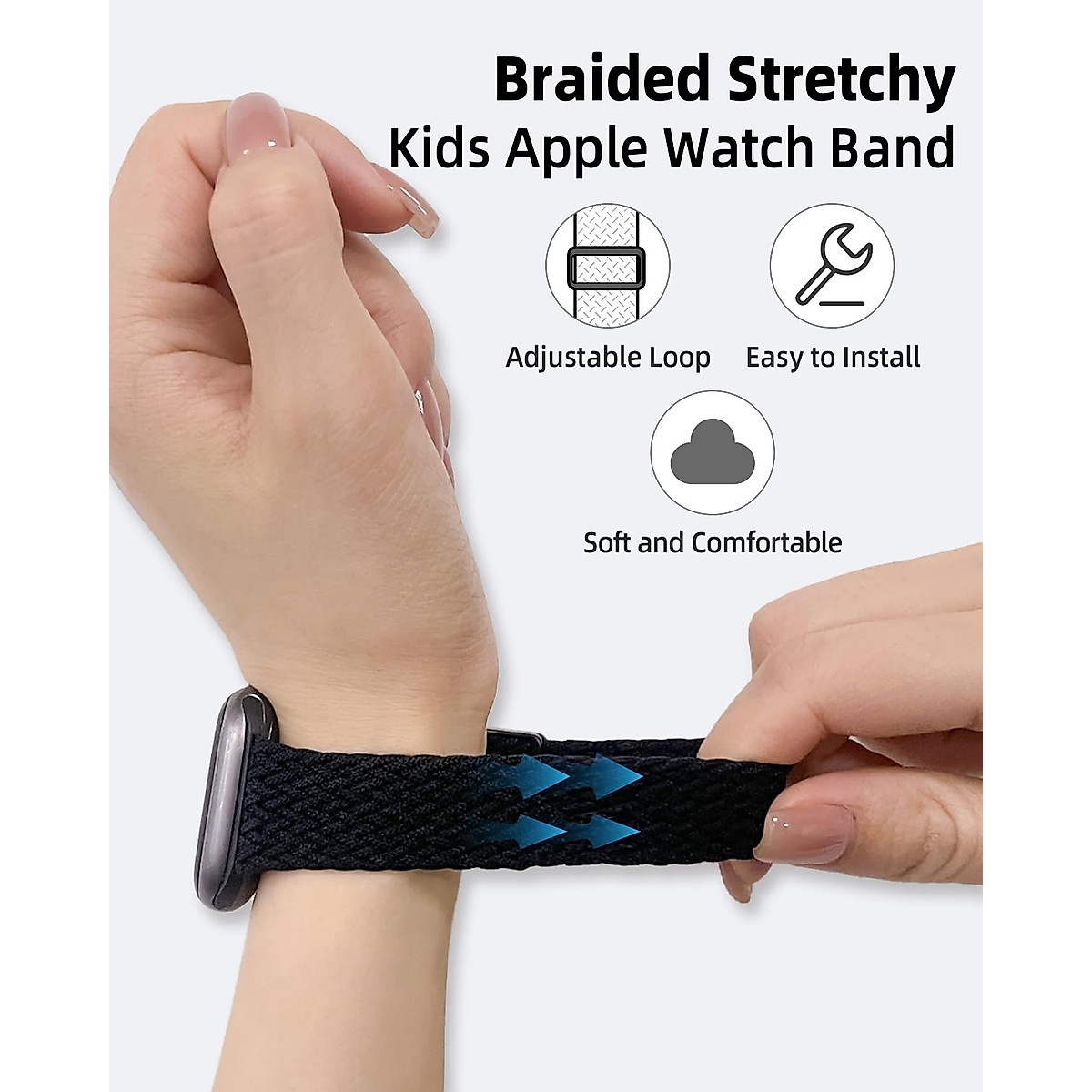 OWKEY Braided Solo Loop Compatible with Kids Apple Watch Band, Stretchy Breathable Strap with Easy Buckle for iWatch Series 9 8 7 6 5 4 3 SE SE2 Girls Boys Small Wrists