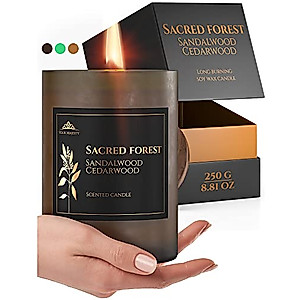 Sacred Forest Cedar & Sandalwood Candle [60H Burning Time] Natural Soy Candle Scented Infused with Essential Oils, Smokeless Aromatherapy Candle 8.81 Oz, Gift Packaging Included